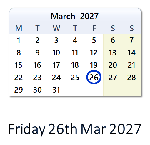 26 March 2027 Calendar with Holidays and Count Down - GBR
