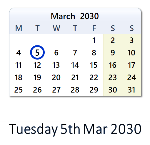 5 March 2030 Calendar with Holidays and Count Down - GBR