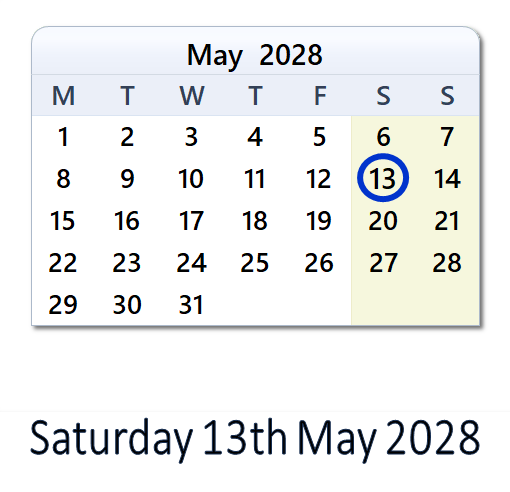 May 13, 2028 Calendar with Holiday info and Count Down - IND