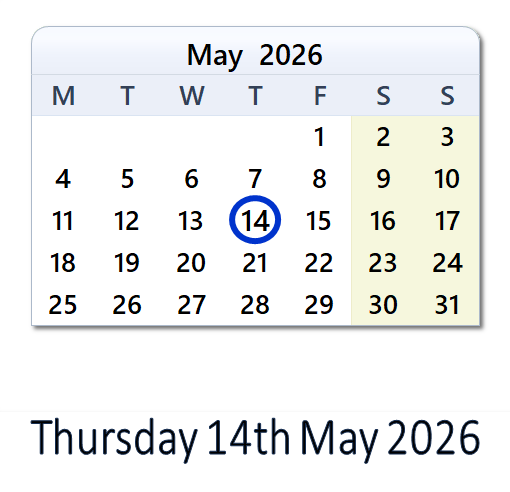 14 May 2026 Calendar with EU Holidays & Count Down