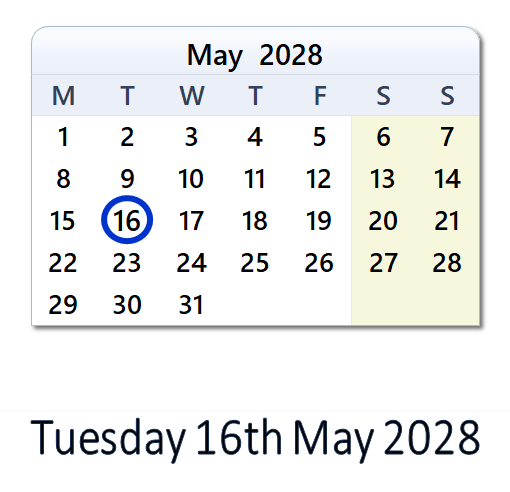May 16, 2028 Calendar with Holiday info and Count Down - IND
