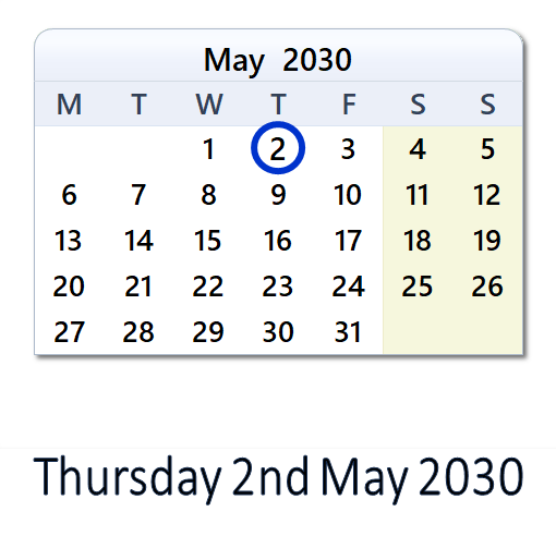 May 2, 2030 Calendar with Holiday info and Count Down - IND