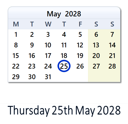 25 May 2028 Calendar with Holidays and Count Down - GBR
