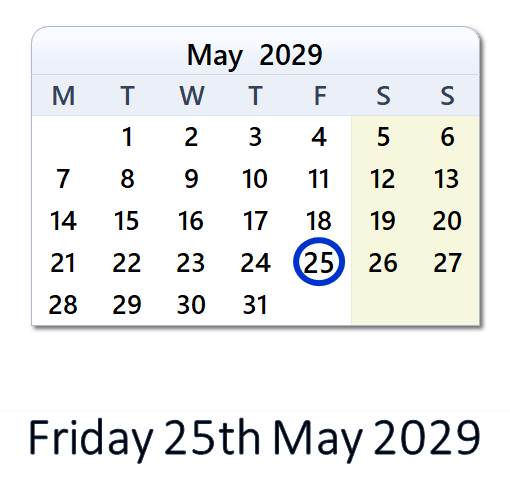 25 May 2029 Calendar with Holidays and Count Down - GBR