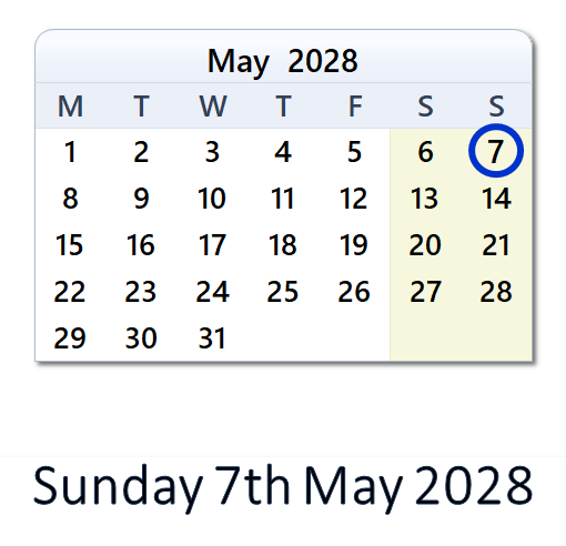 May 7, 2028 Calendar with Holiday info and Count Down - IND