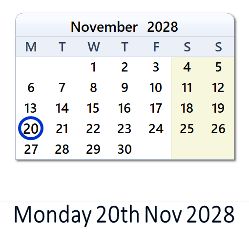 November 20, 2028 Calendar with Holiday info and Count Down - IND