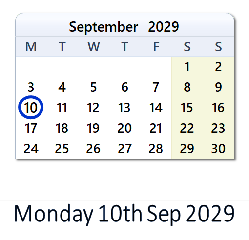 September 10, 2029 Calendar with Holiday info and Count Down - IND
