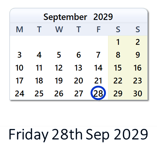 September 28, 2029 Calendar with Holiday info and Count Down - IND