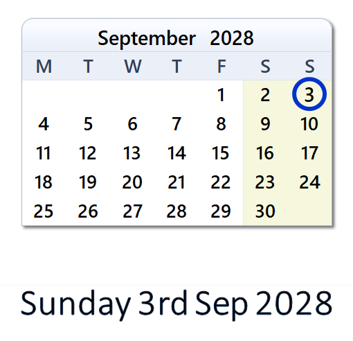 3 September 2028 Calendar with Holidays and Count Down - AUS