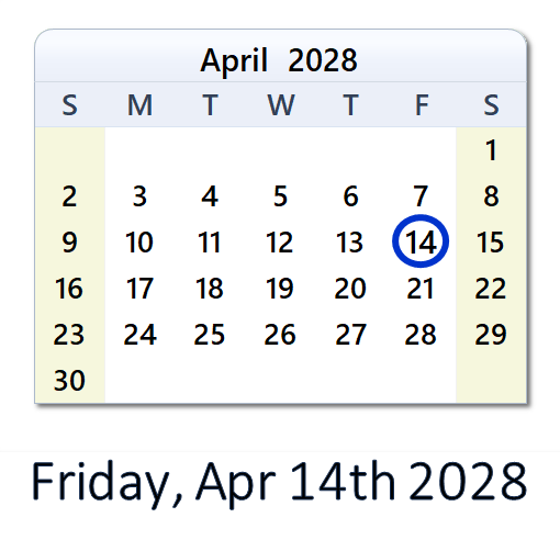 April 14, 2028 Calendar with Holidays & Count Down - USA