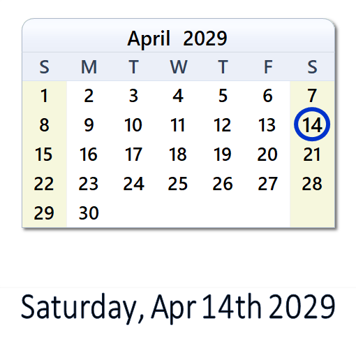 April 14, 2029 Calendar with Holidays & Count Down - USA