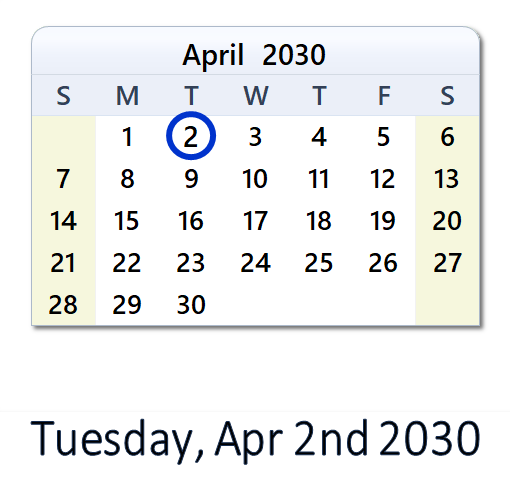 April 2, 2030 Calendar with Holidays and Count Down - CAN