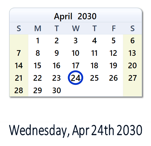 April 24, 2030 Calendar with Holidays & Count Down - USA