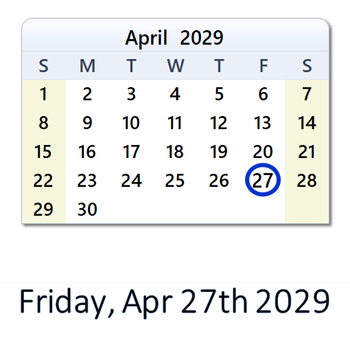 April 27, 2029 Calendar with Holidays & Count Down - USA