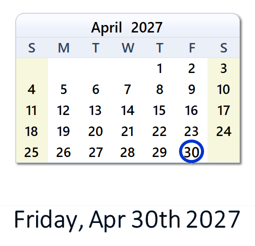 April 30, 2027 Calendar with Holidays & Count Down - USA
