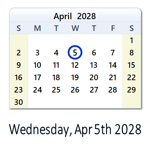 April 5, 2028 Calendar with Holidays & Count Down - USA