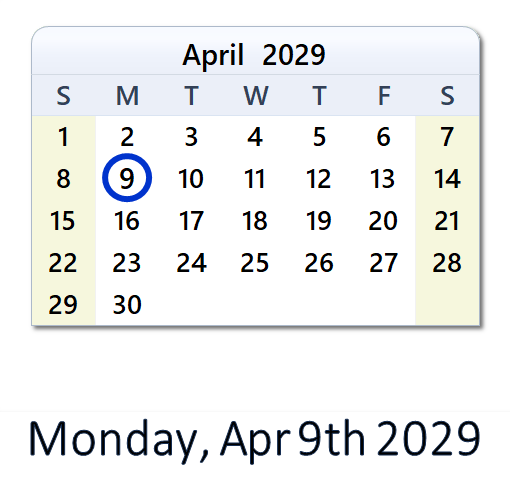April 9, 2029 Calendar with Holidays and Count Down - CAN