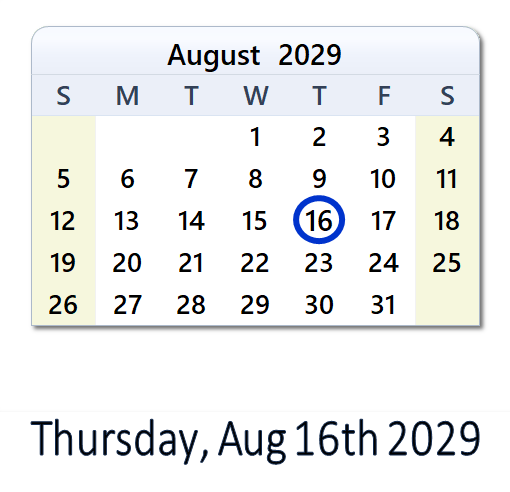 August 16, 2029 Calendar with Holidays & Count Down - USA