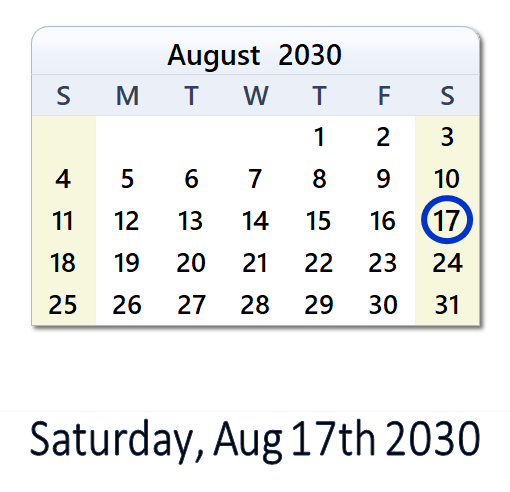 August 17, 2030 Calendar with Holidays and Count Down - CAN