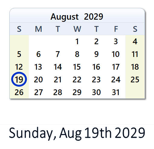 August 19, 2029 Calendar with Holidays and Count Down - CAN