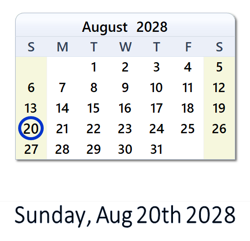 20 August 2028 Calendar with Holidays and Count Down - ZAF
