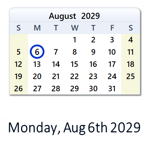 August 6, 2029 Calendar with Holidays & Count Down - USA