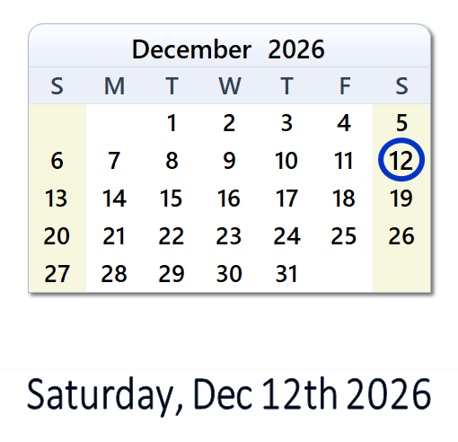 December 12, 2026 Calendar with Holidays & Count Down - USA