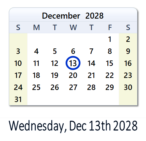 December 13, 2028 Calendar with Holidays & Count Down - USA