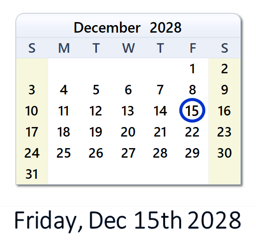 December 15, 2028 Calendar with Holidays and Count Down - CAN