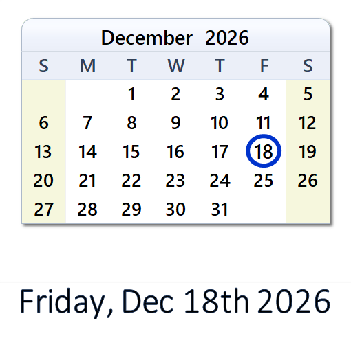 December 18, 2026 Calendar with Holidays & Count Down - USA