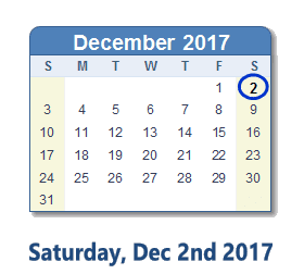 December 2, 2017 Calendar with Holiday info and Count Down - USA