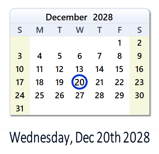 December 20, 2028 Calendar with Holidays and Count Down - CAN