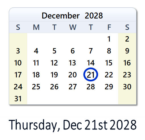 December 21, 2028 Calendar with Holidays and Count Down - CAN