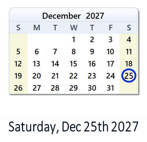 December 25, 2027 Calendar with Holidays & Count Down - USA