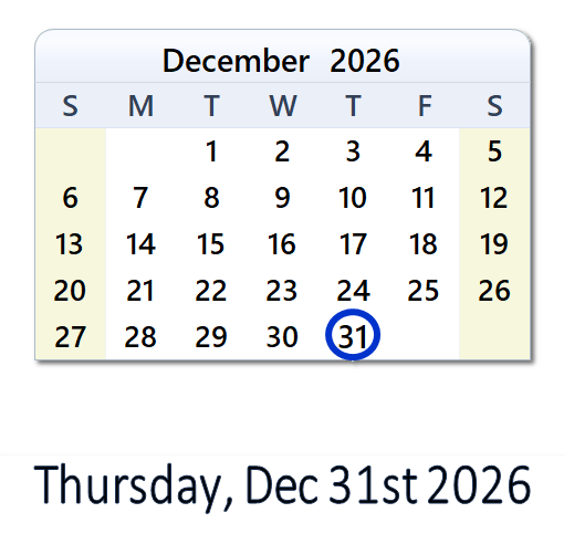 December 31, 2026 Calendar with Holidays & Count Down - USA