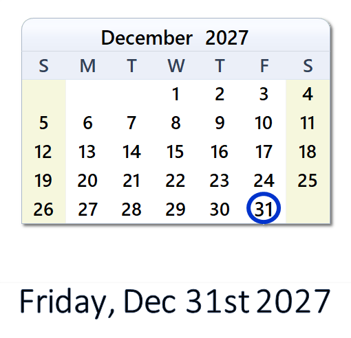 December 31, 2027 Calendar with Holidays & Count Down - USA