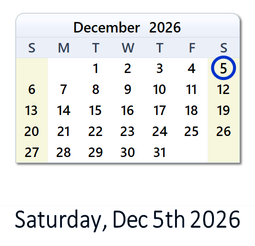 December 5, 2026 Calendar with Holidays & Count Down - USA