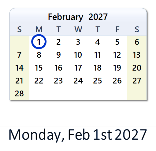 February 1, 2027 Calendar with Holidays & Count Down - USA