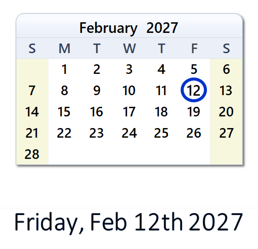 February 12, 2027 Calendar with Holidays & Count Down - USA