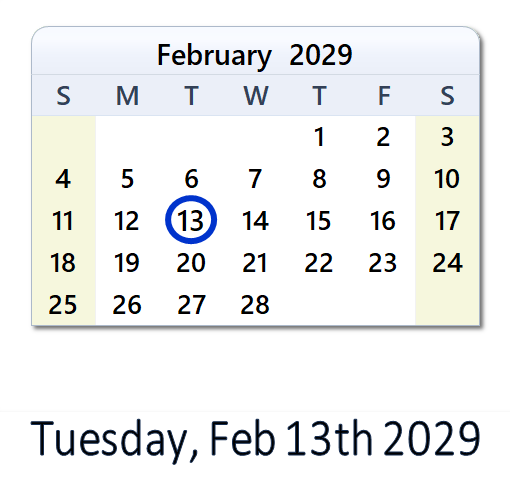 February 13, 2029 Calendar with Holidays and Count Down - CAN