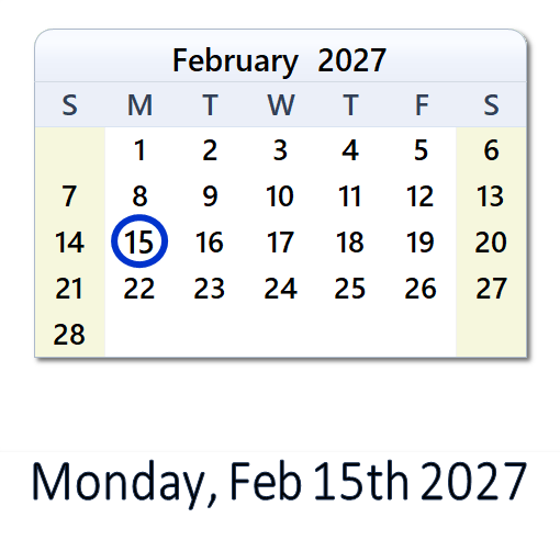 February 15, 2027 Calendar with Holidays & Count Down - USA