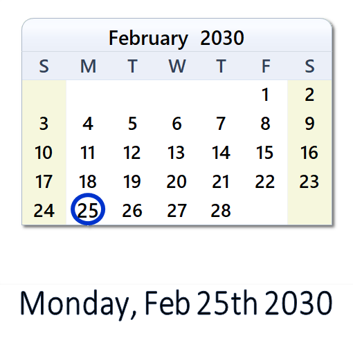 February 25, 2030 Calendar with Holidays and Count Down - CAN