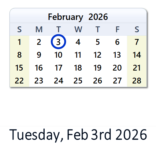 February 3, 2026 Calendar with Holidays & Count Down - USA