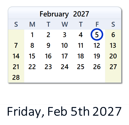 February 5, 2027 Calendar with Holidays & Count Down - USA