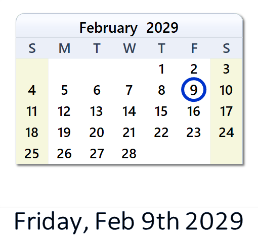 February 9, 2029 Calendar with Holidays and Count Down - CAN