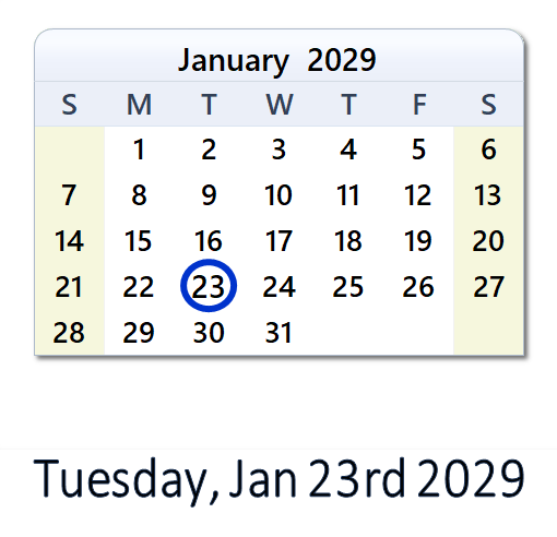 January 23, 2029 Calendar with Holidays and Count Down - CAN