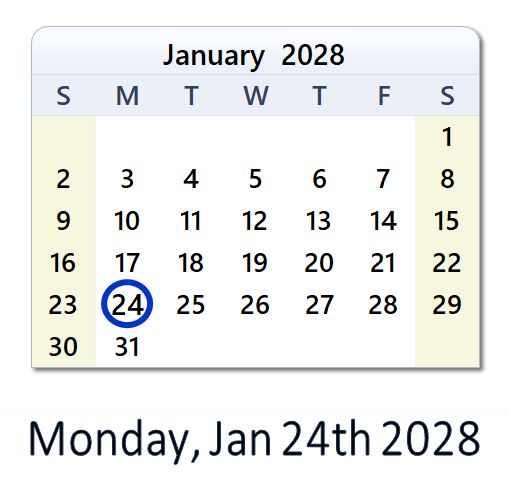 January 24, 2028 Calendar with Holidays & Count Down - USA