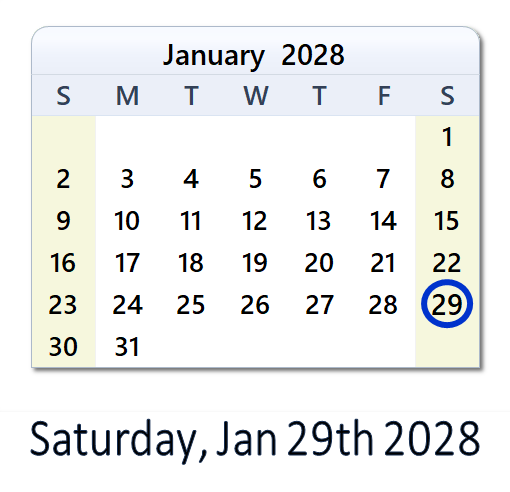 January 29, 2028 Calendar with Holidays & Count Down - USA