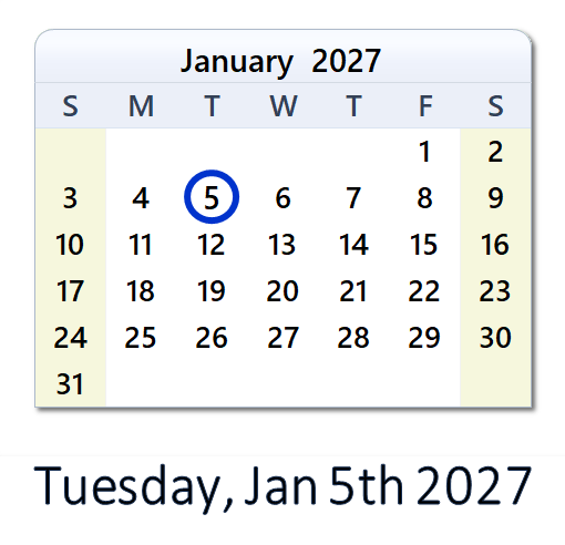 January 5, 2027 Calendar with Holidays & Count Down - USA