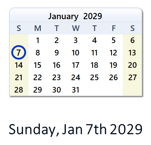 January 7, 2029 Calendar with Holidays & Count Down - USA